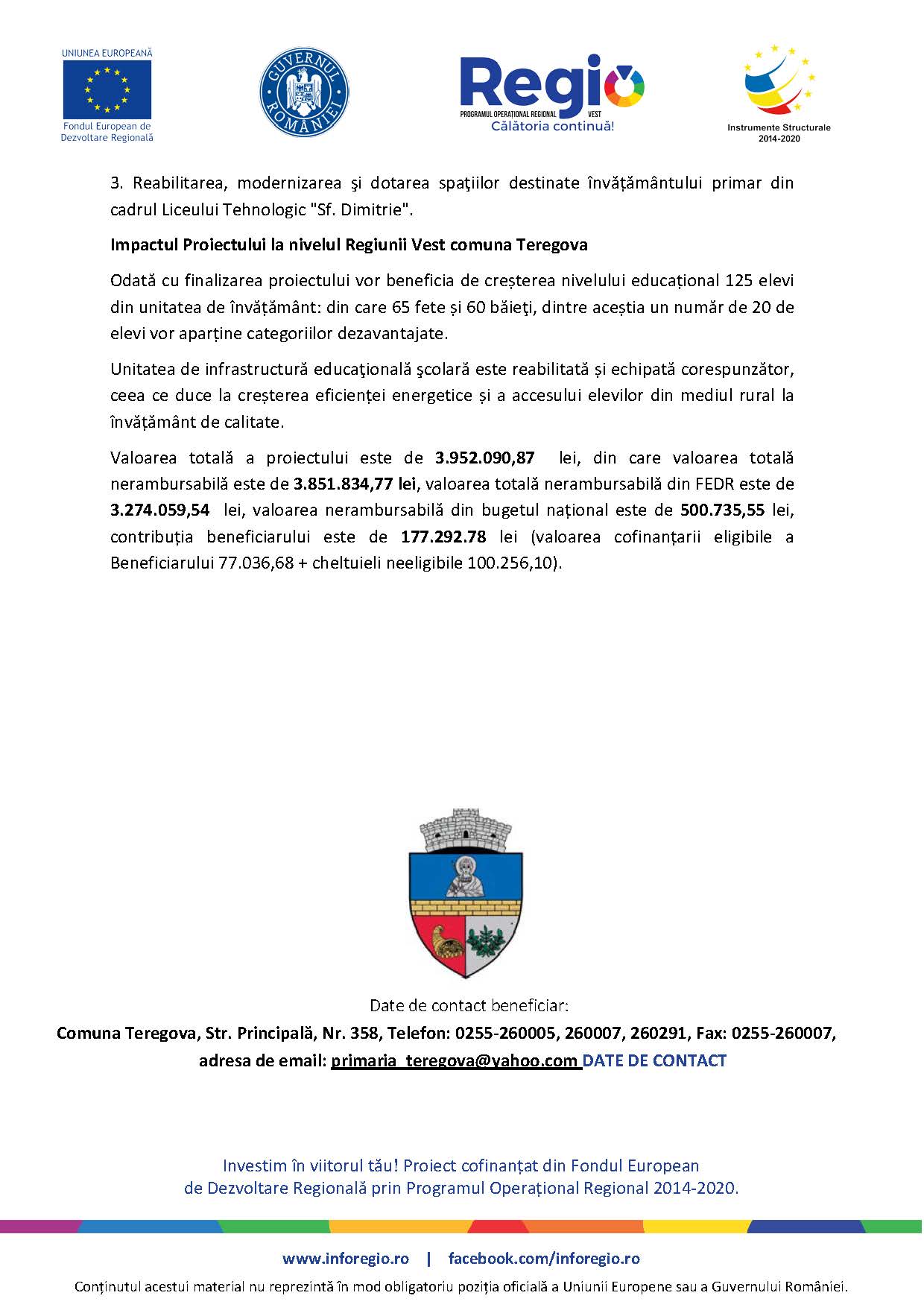 Comunicat de presă finalizare proiect ”Reabilitare, Modernizare și Dotare Liceu Tehnologic Sf ...