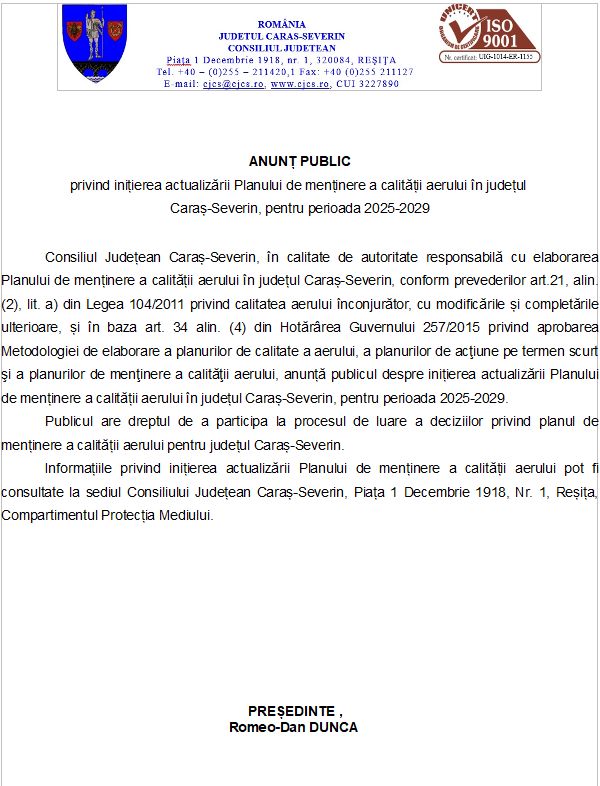 ANUNȚ PUBLIC privind inițierea actualizării Planului de menținere a calității aerului în județul ...